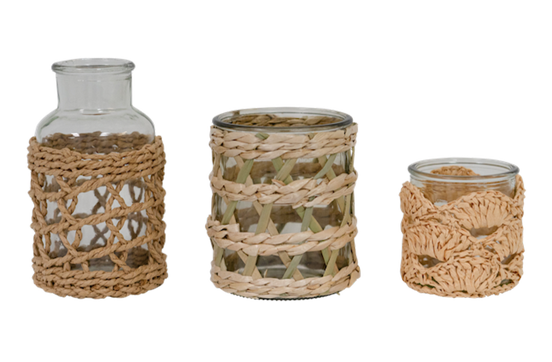 Glass and Rattan Vases 3pc | Preschool Equipment Australia