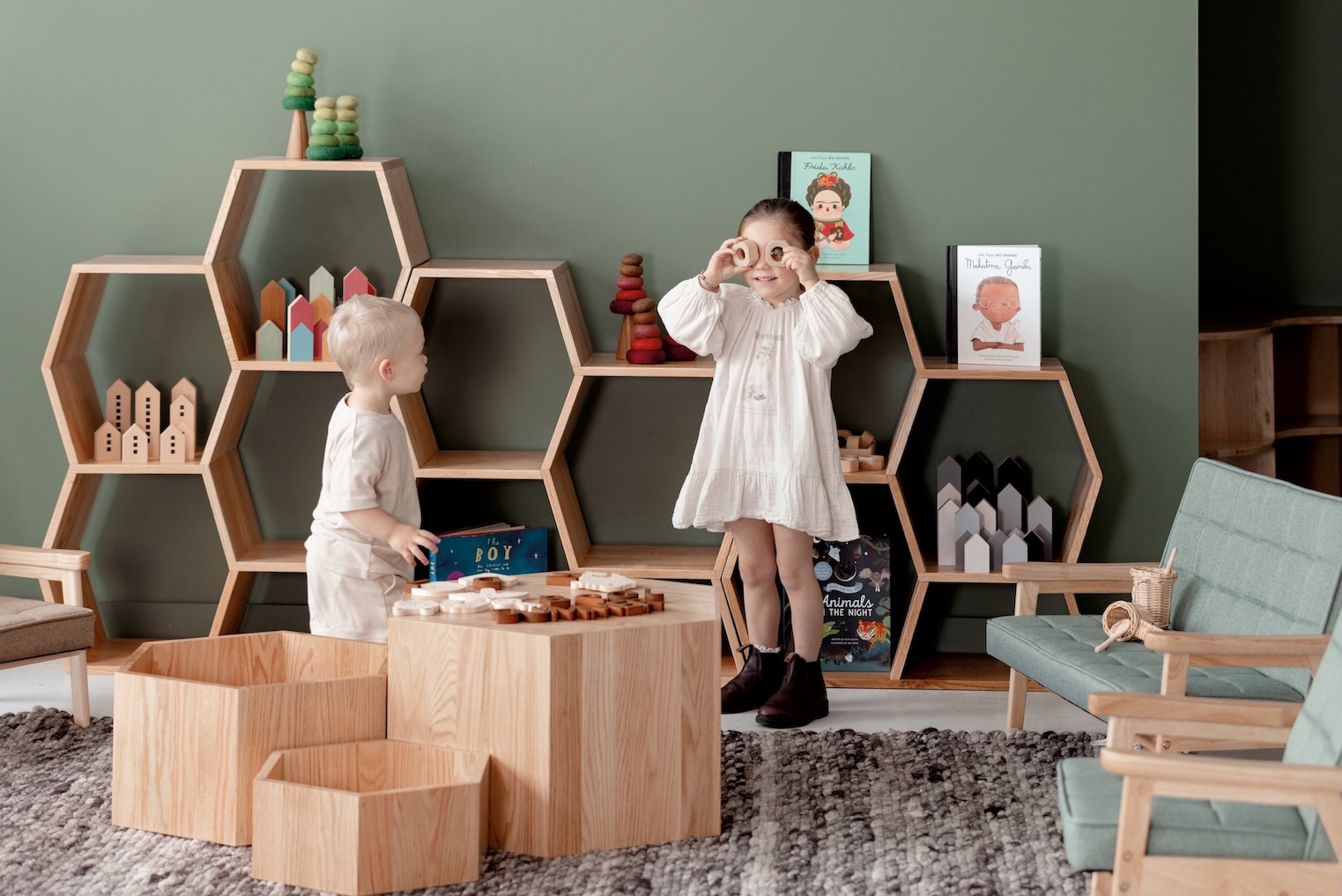 Oak Medium Honeycomb Display Shelf | Preschool Equipment Australia